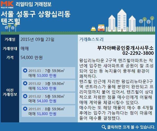 실시간 거래현황 최적의 입지조건 상왕십리동 텐즈힐아파트 실거래가는 얼마