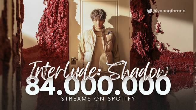 방탄소년단 슈가 'Interlude : Shadow' 스포티파이 8400만 스트리밍 돌파..인기ing