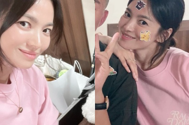 송혜교살 더 빠져 갸름민낯에도 광나는 피부핑크 추리닝 룩 어썸클