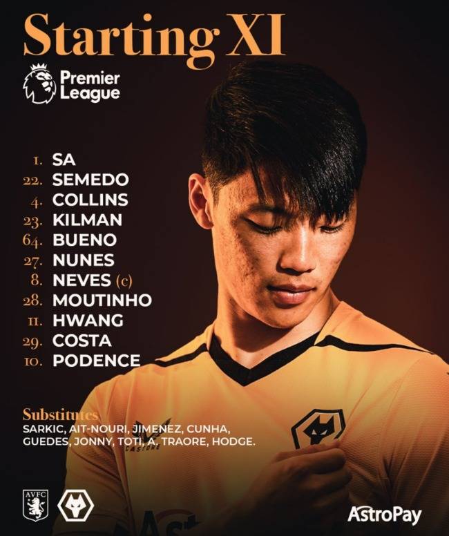 [EPL 라인업] '황희찬 선발' 울버햄튼, 빌라전 선발 공개...'3G 연속 선택됐다!'