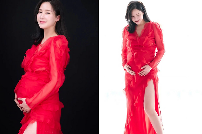 결혼♥4년만에 임신한 여배우만삭화보 아름다워레드 드레스룩 어썸클