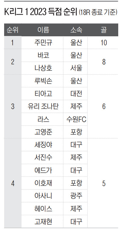 톱·윙어·미드필더까지전 포지션 경쟁하는 K리그1 득점왕 레이스