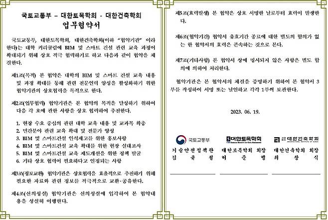 국토부 건설정보모델링·스마트건설 교육 확대 Mou 체결