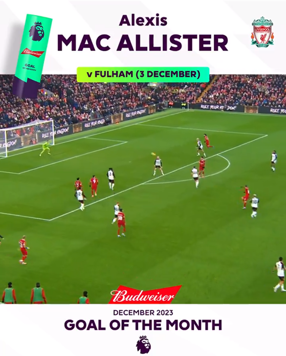 [오피셜] 리버풀 마르크 알리스테르, EPL 이달의 득점상…풀럼전 환상 중거리골