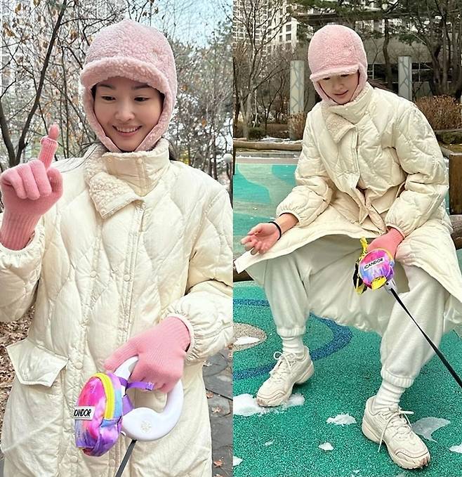 류이서 초등생 인줄 핑크 바라클라바 귀요미 퀼팅 패딩 산책룩 패션엔