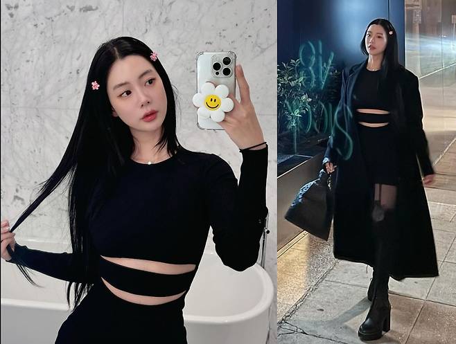 클라라 한 줌 허리 헉 소리 나는 독보적인 비율 크롭 티셔츠 코트 패션 스타와 패션