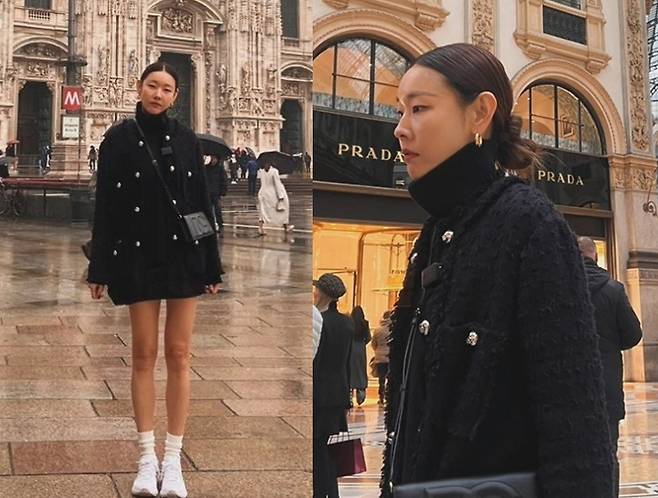 한혜진 비 내리는 밀라노서 나만의 런웨이클래식한 트위드 코트 하의 실종 패션 스타와 패션