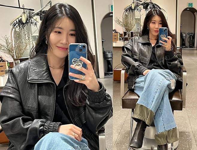 이해리 꾸불랑꾸불랑 비 오는 날 멋스러운 가죽점퍼 청바지 패션 스타와 패션