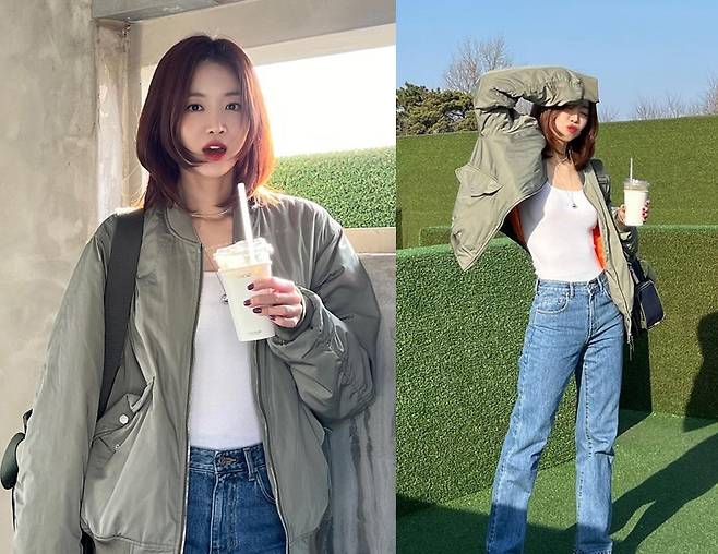 장희진 막 입어도 너무 예쁜 꾸안꾸 항공 점퍼 청바지 패션 스타와 패션