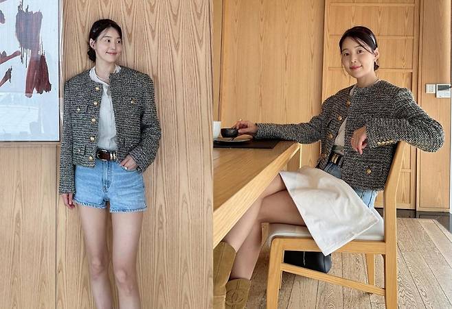 한지혜 트위드재킷에 청 반바지 입고 여유로운 티타임 스타와 패션