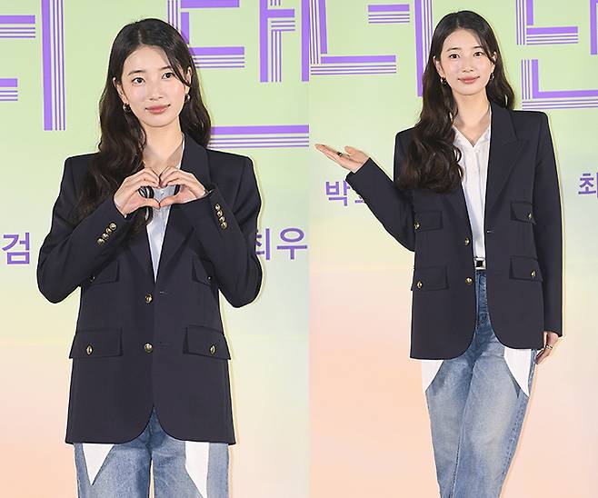 수지 첫사랑 비주얼직각어깨 뽐낸 재킷 데님 팬츠룩 스타와 패션