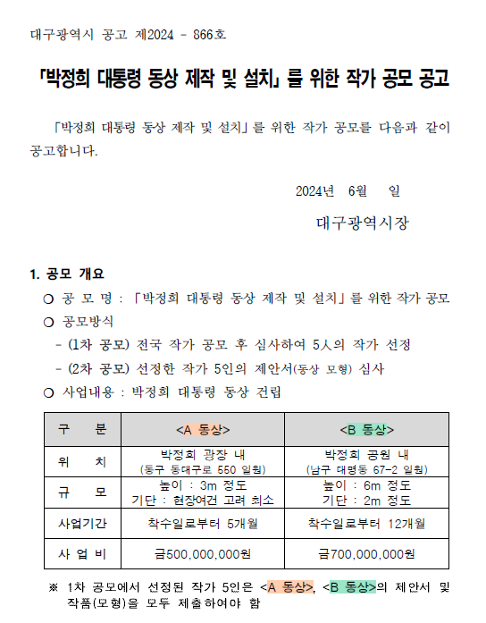 대구 ‘박정희 동상 설치 작가 공모 3·6m 동상 1개씩 세운다”