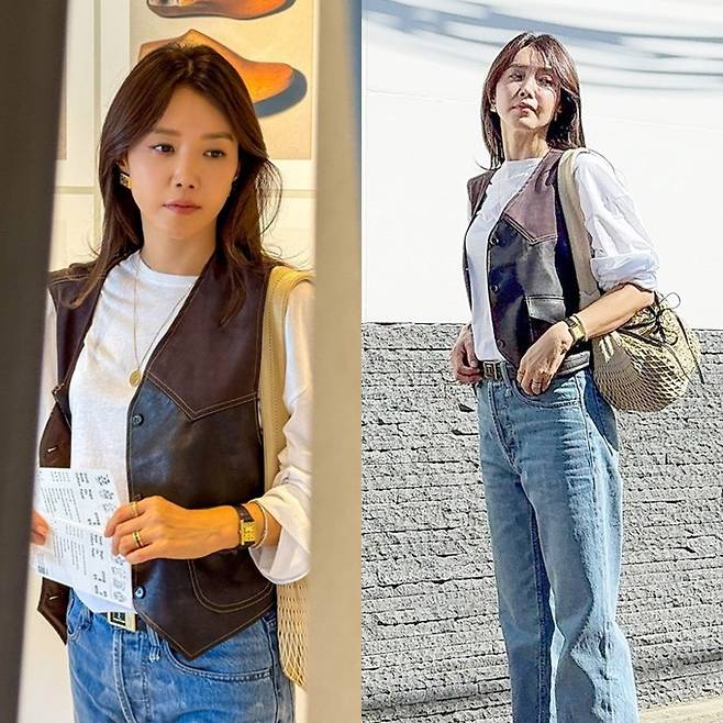 채정안 가을 완성은 조끼 툭 걸친 가죽 조끼 가을 멋녀의 레이어드 나들이룩 패션엔