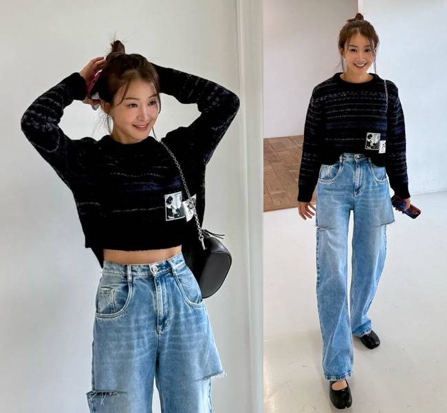 이시영 찢청 사이로 스치는 칼바람도 예뻐서 Ok 크롭 니트로 완성한 겨울 힙스터룩 스타와 패션