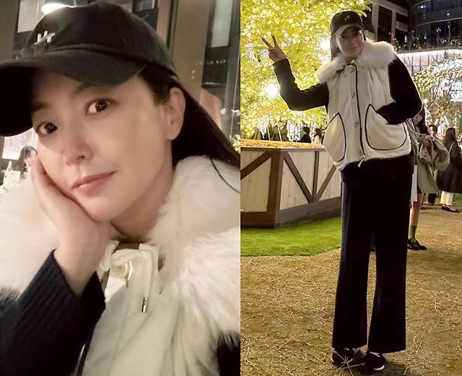 김희선 마음은 벌써 성탄절 밑에서 찍으니 더 길어보이는 우아한 퍼 베스트룩 스타와 패션