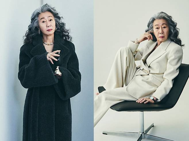 윤여정 77세 나이를 비웃는 치명적 화보 화이트 슈트와 맥시 코트의 환상 조합 스타와 라이프