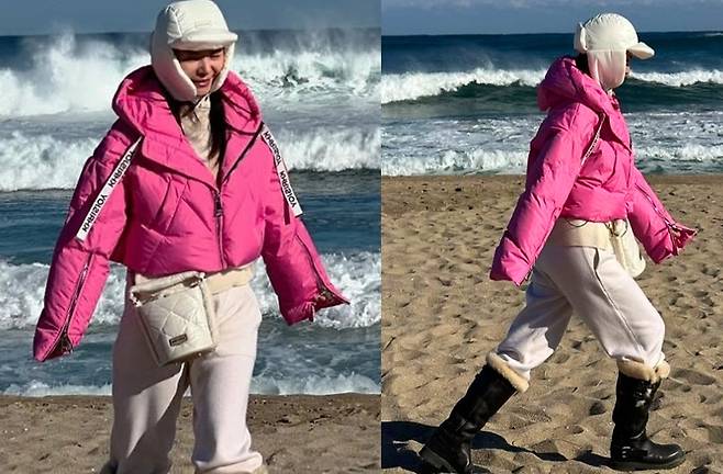 장서희 속초 파도에 맞선 핫핑크 패딩 모래밭 질주 러블리 부츠룩 대본은 내운명