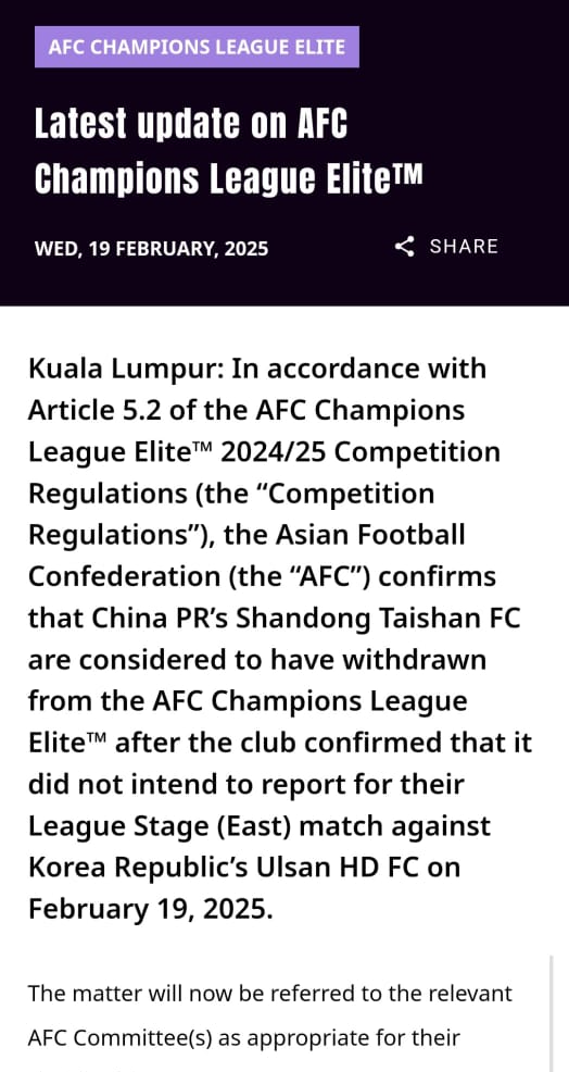 ACLE 존립 흔든 中산둥 경기포기 사태…‘홈팀’ 울산 손해배상 청구 돌입 [SS포커스]