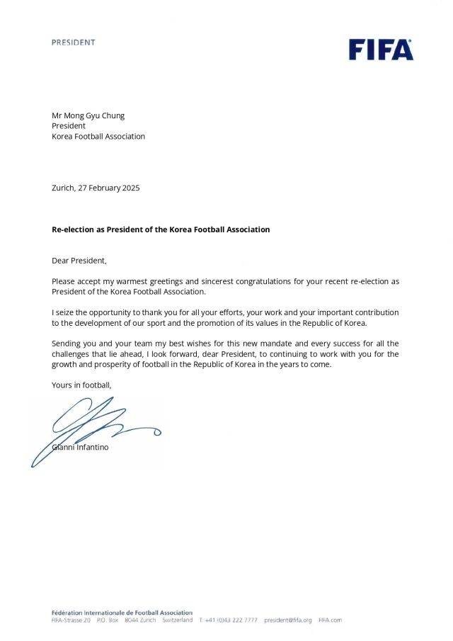 Fifa 인판티노·afc 셰이크 살만 회장 정몽규 4연임에 축하서신진심으로 축하 전폭적인 지지 약속